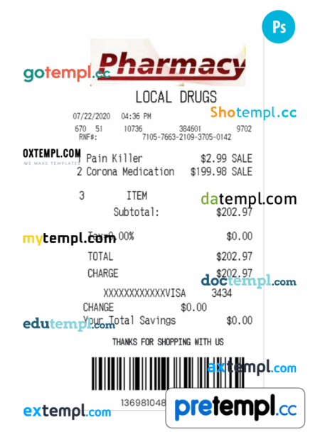 PHARMACY payment receipt PSD example - Pretempl