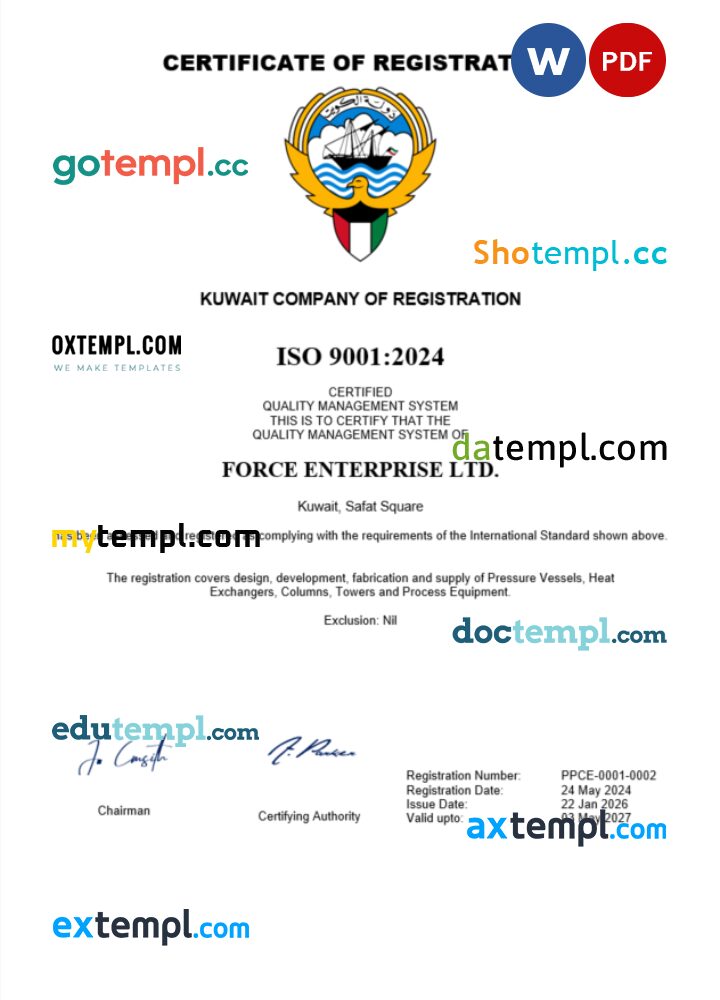 Kuwait business registration certificate Word and PDF template - Pretempl
